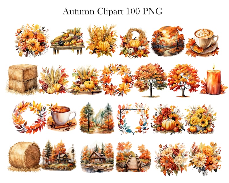Autumn Clipart Bundle, Fall Clipart, Watercolor Autumn PNG, Wreath ...