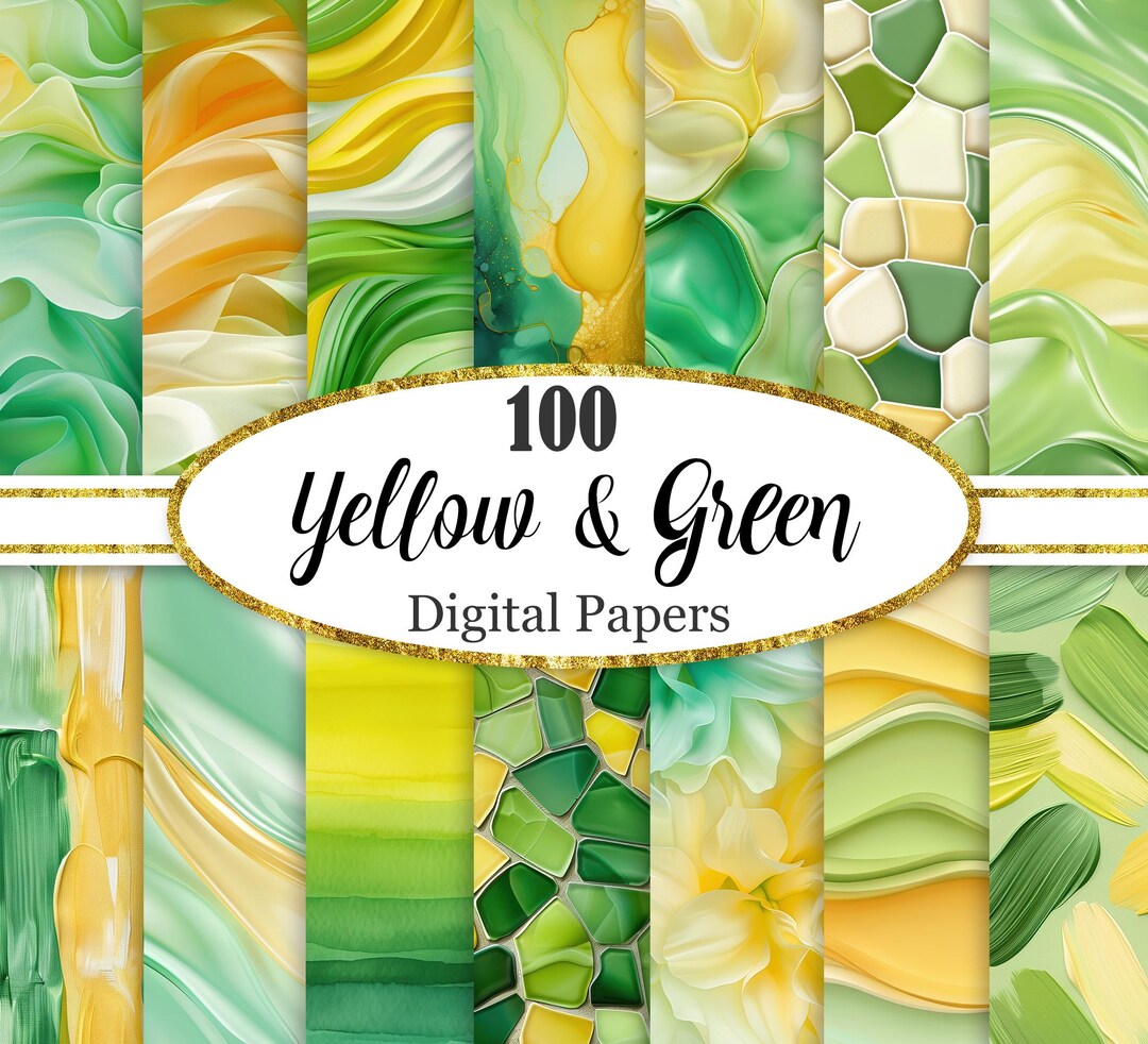 Yellow and Green Digital Paper, Yellow Background Bundle, Green Texture ...