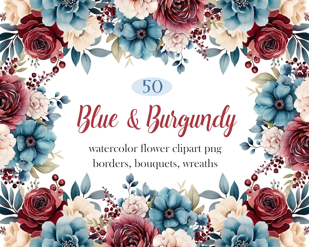 Blue Burgundy Flower Clipart, Watercolor Blue Floral PNG Bundle, Flower ...
