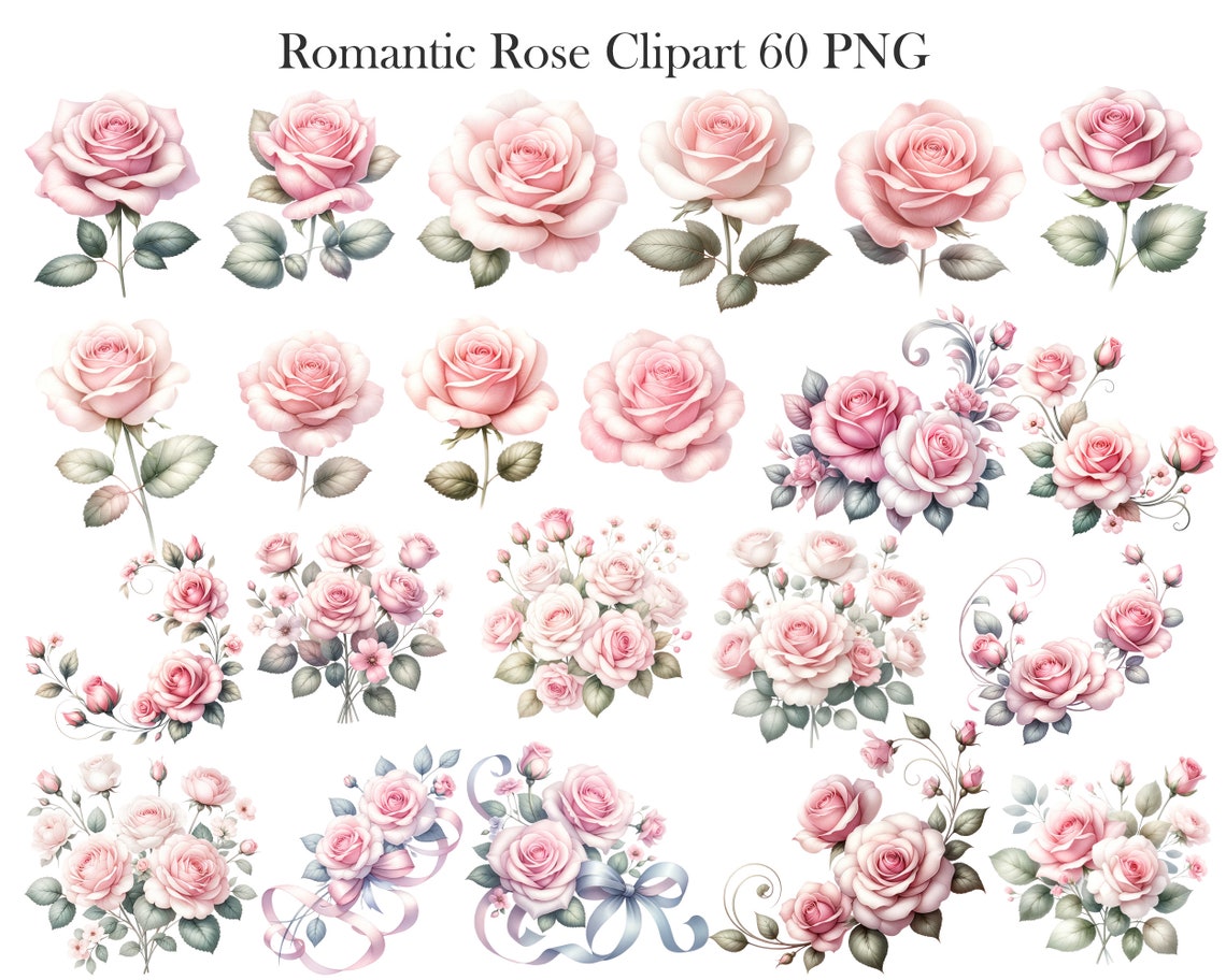Pink Rose PNG, Watercolor Pink Rose Clipart Bundle, Wedding Bouquet ...