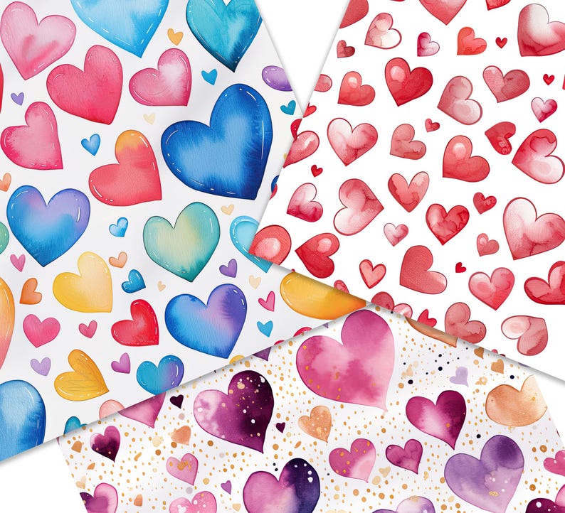 Heart Digital Paper, Valentine Background, Watercolor Heart, Scrapbook ...