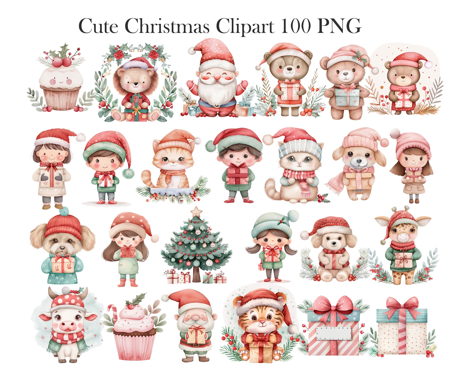 Cute Christmas Clipart Bundle, Watercolor Christmas PNG, Christmas ...