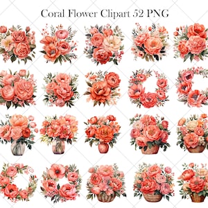 Coral Flower PNG, Watercolor Floral Clipart Bundle, Flower Bouquet ...