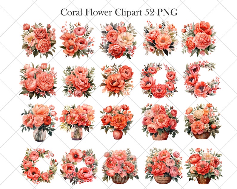 Coral Flower PNG, Watercolor Floral Clipart Bundle, Flower Bouquet ...