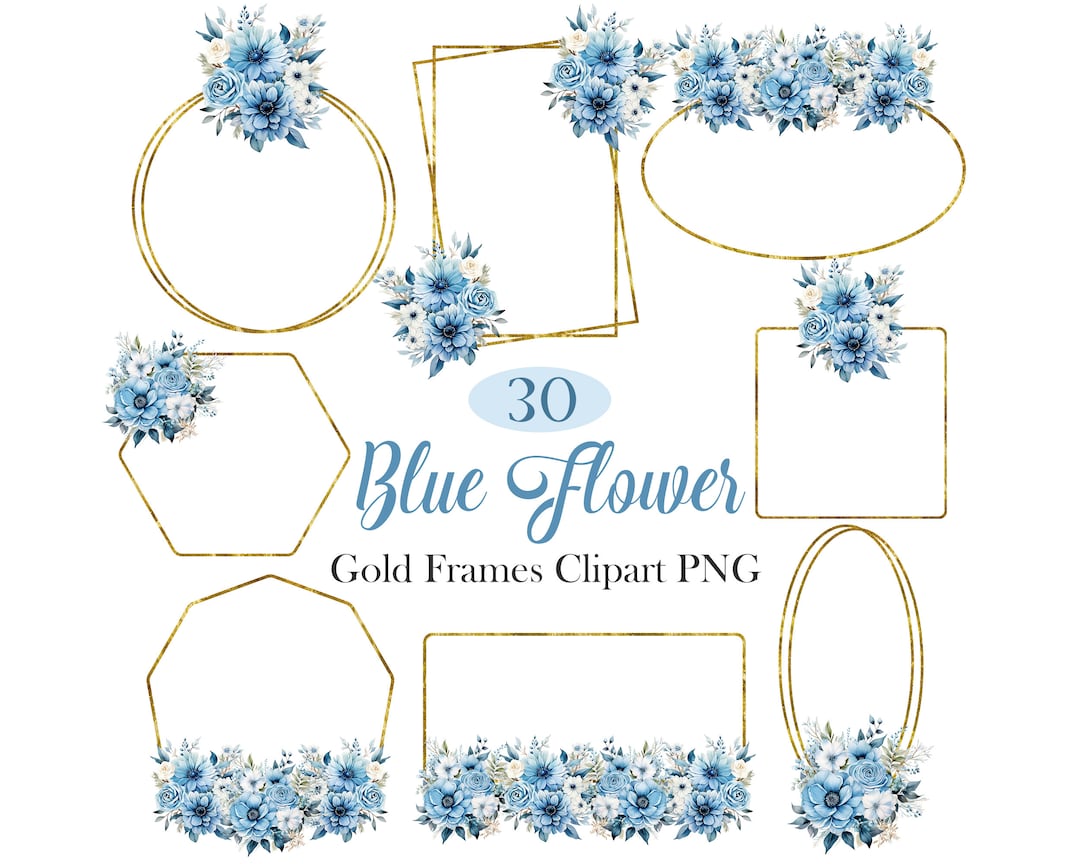 Blue Flower Frame PNG, Watercolor Blue Floral Gold Frame Clipart ...