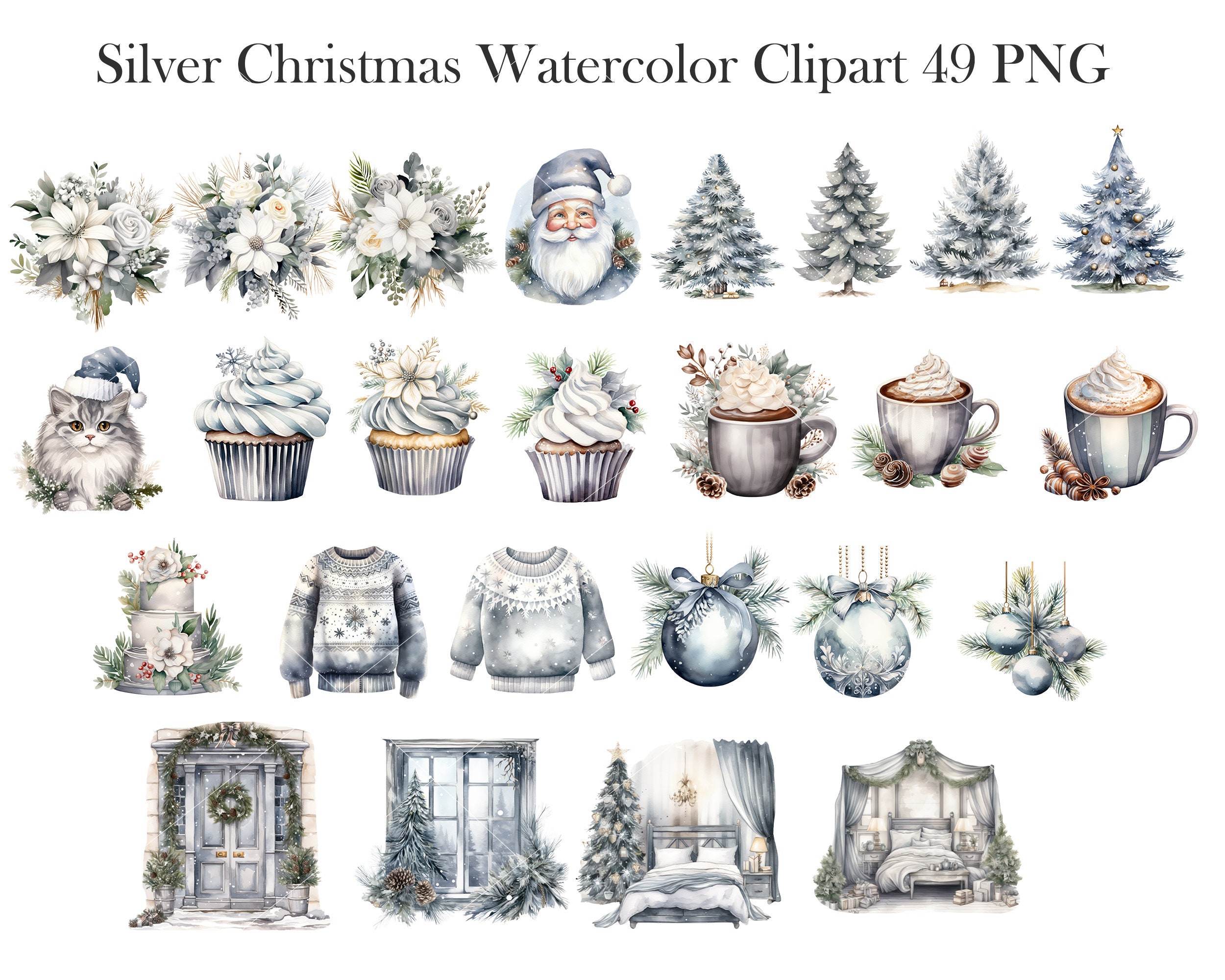Silver Christmas Clipart, Watercolor Christmas PNG, Sublimation ...