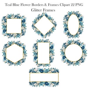 Teal Blue Flower Border Clipart, Watercolor Blue Floral PNG, Flower ...