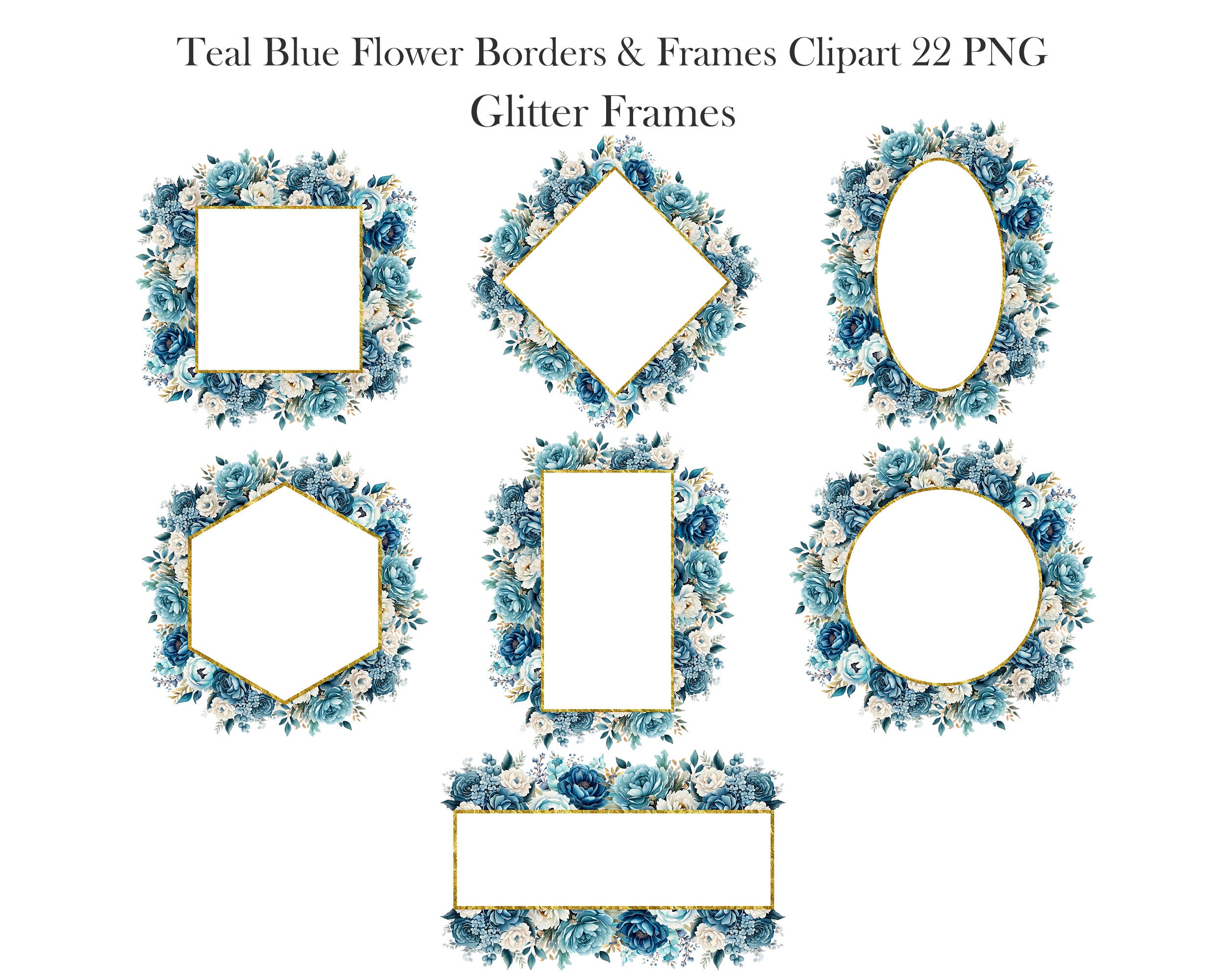 Teal Blue Flower Border Clipart, Watercolor Blue Floral PNG, Flower ...