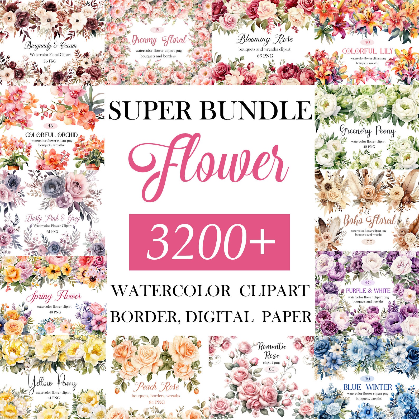 Flower Clipart Bundle, Watercolor Floral Clipart, Flower PNG ...