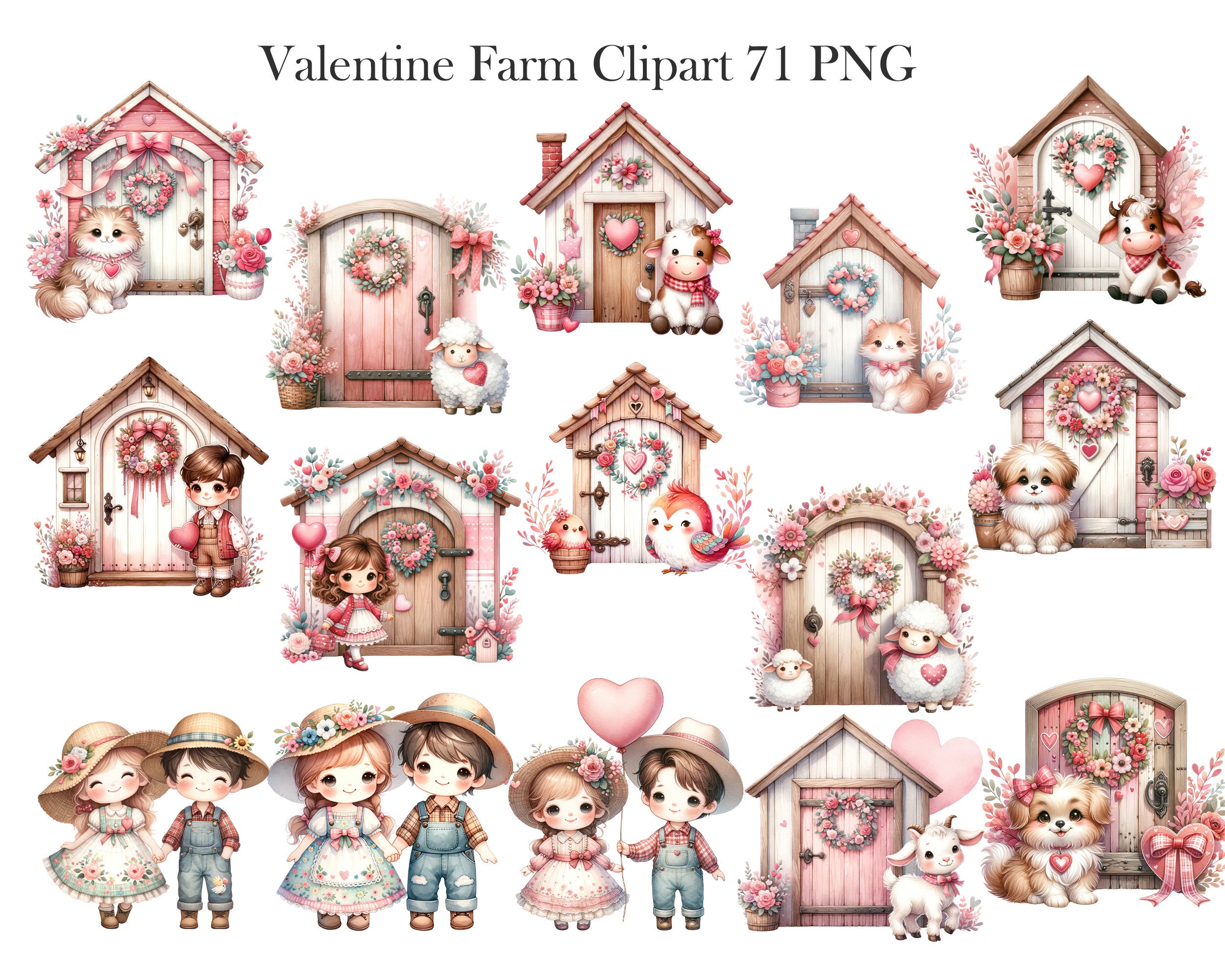 Valentine Farm PNG, Watercolor Valentine Farm Clipart Bundle, Valentine ...