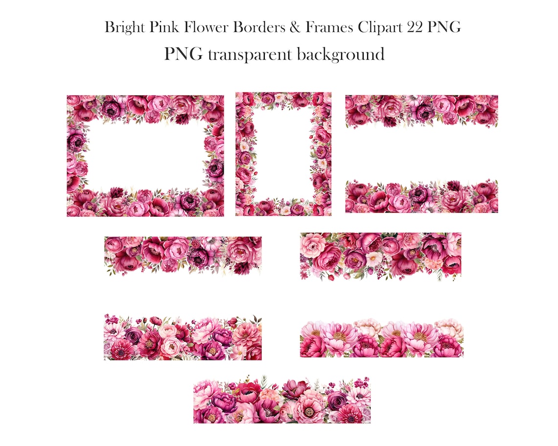 Bright Pink Flower Border Clipart, Watercolor Flower Border PNG Bundle ...