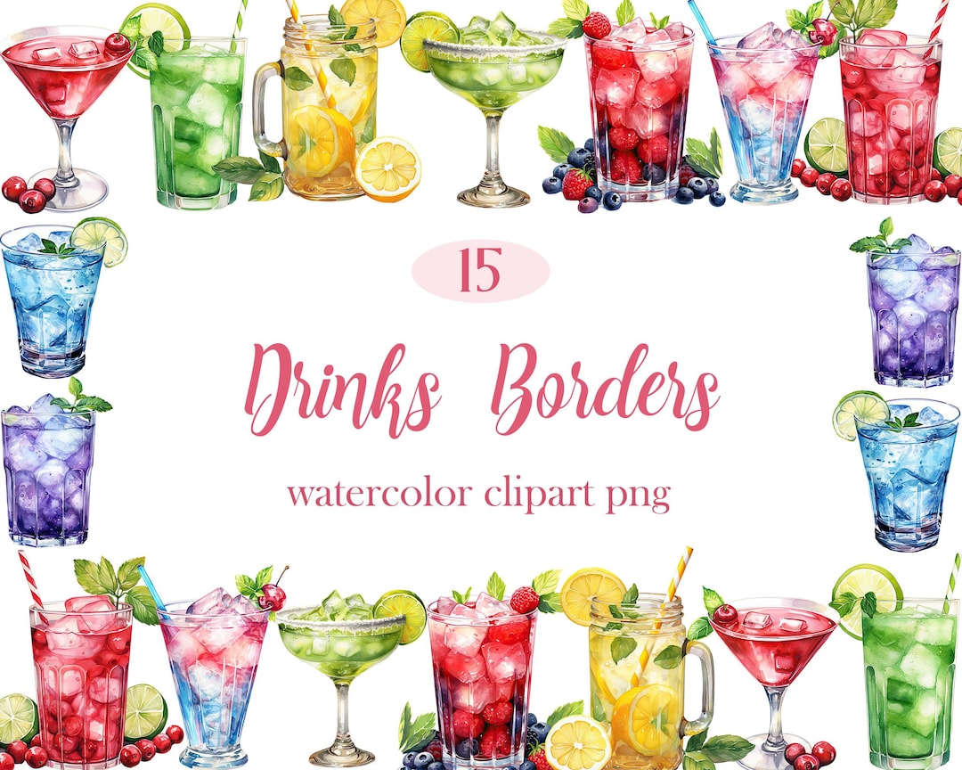 Drinks Border Clipart, Watercolor Drinks PNG, Coffee, Digital Download ...