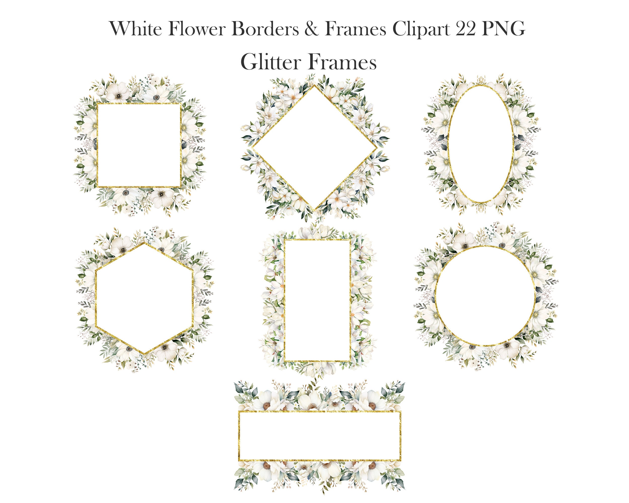White Flower Border Clipart, Watercolor Floral Clipart Bundle, Wedding ...