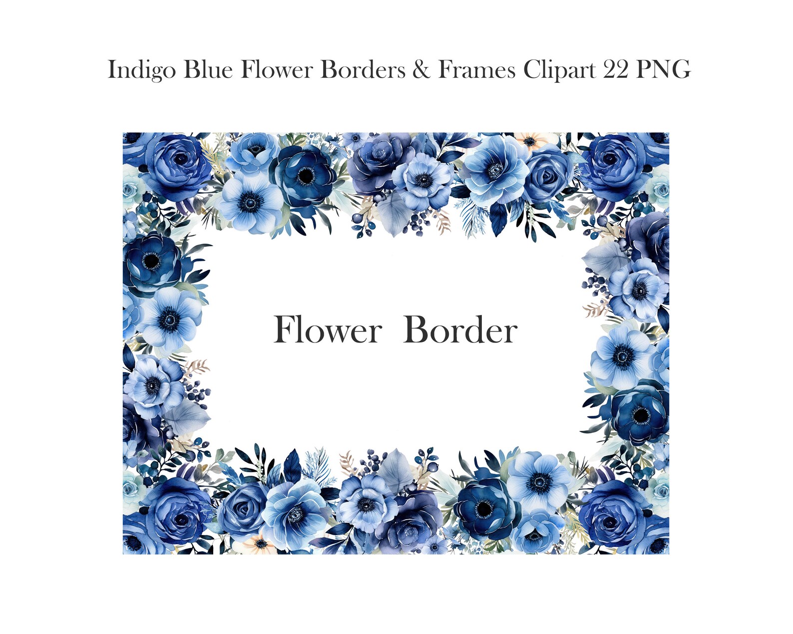 Indigo Blue Flower Border Clipart, Watercolor Flower Borders PNG Bundle ...