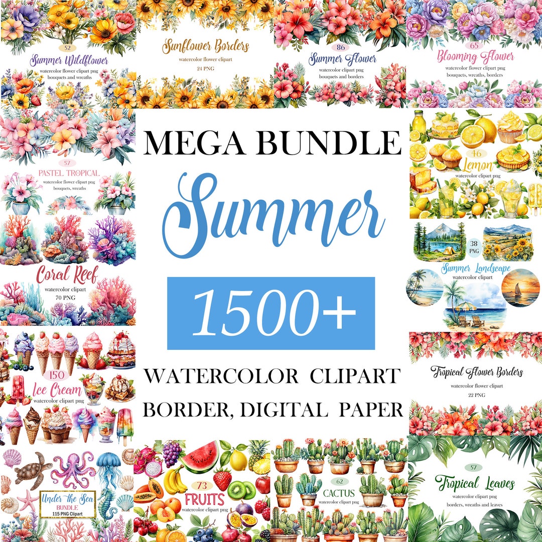 Summer Clipart Bundle, Watercolor Summer Flower Clipart, Summer ...
