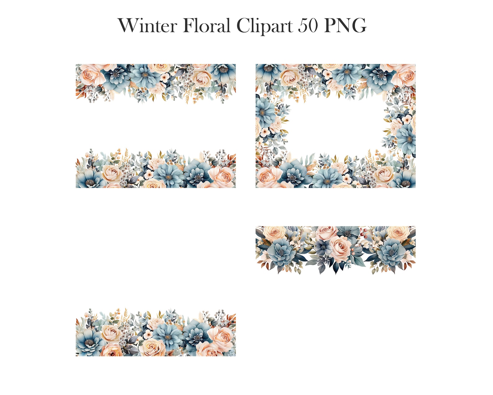 Winter Flower PNG, Watercolor Blue Flower Clipart Bundle, Flower Border ...