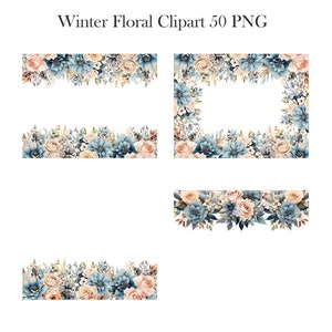 Winter Flower PNG, Watercolor Blue Flower Clipart Bundle, Flower Border ...