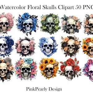 Watercolor Floral Skulls Clipart, Flower Skulls PNG Halloween Clipart ...