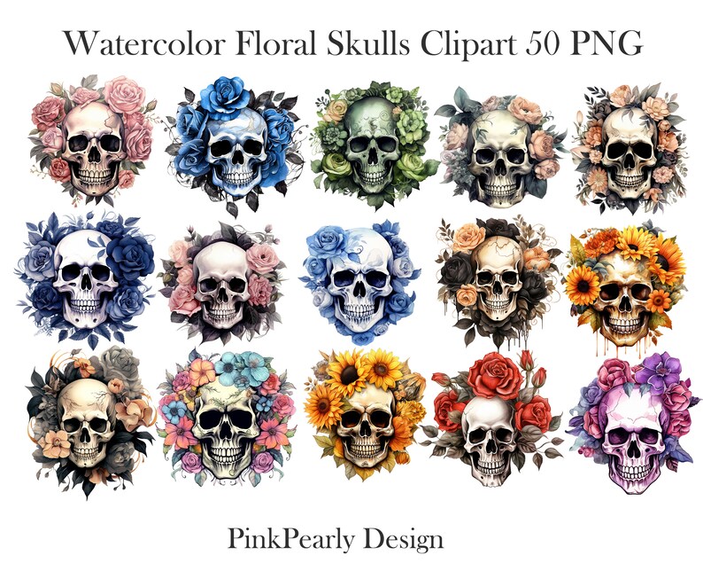Watercolor Floral Skulls Clipart Flower Skulls PNG Halloween - Etsy