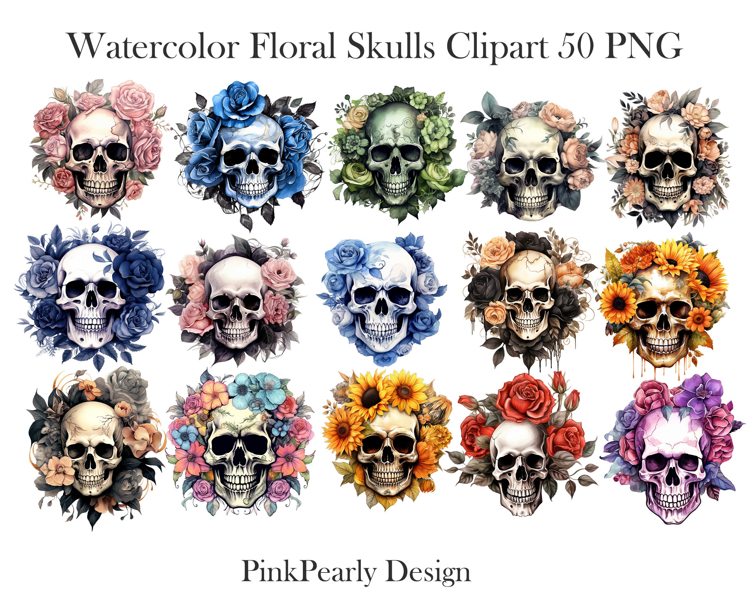 Watercolor Floral Skulls Clipart Flower Skulls PNG Halloween - Etsy