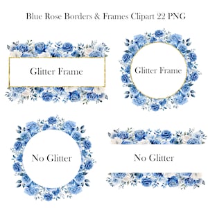 Blue Rose Border Clipart, Watercolor Flower Border PNG Bundle, Wedding ...