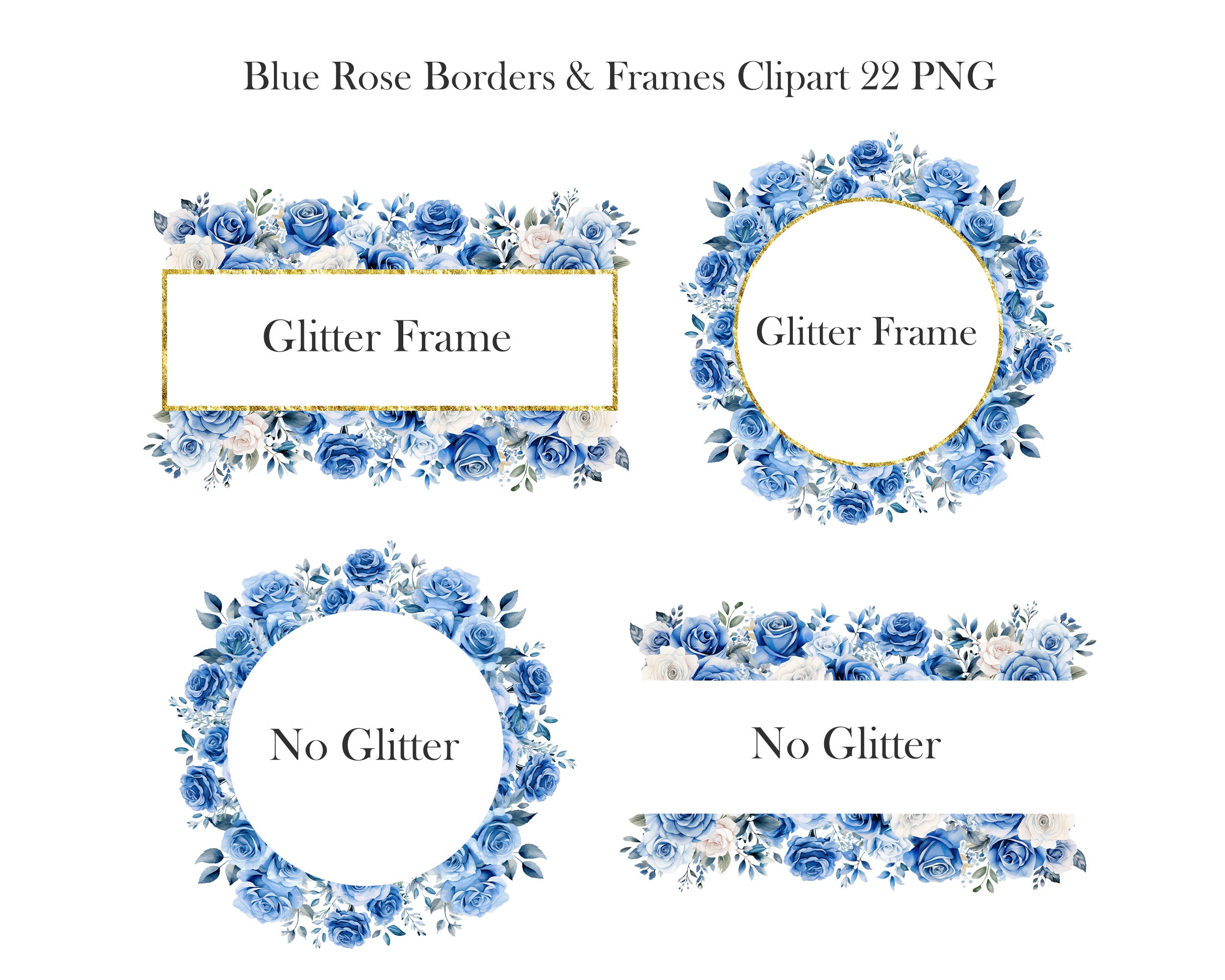Blue Rose Border Clipart, Watercolor Flower Border PNG Bundle, Wedding ...