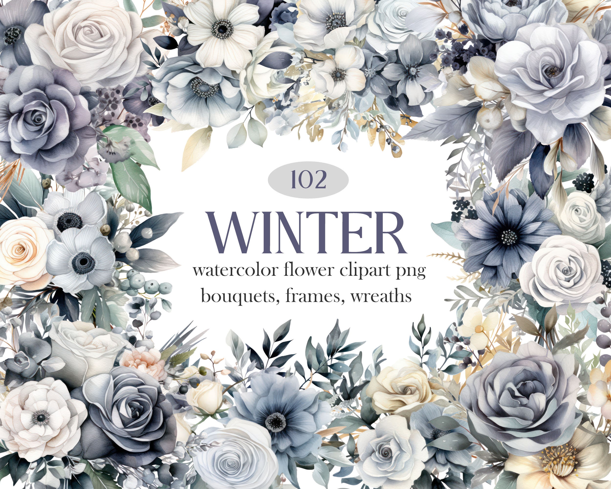 Winter Flower PNG, Watercolor Winter Floral Clipart Bundle, Grey Flower ...