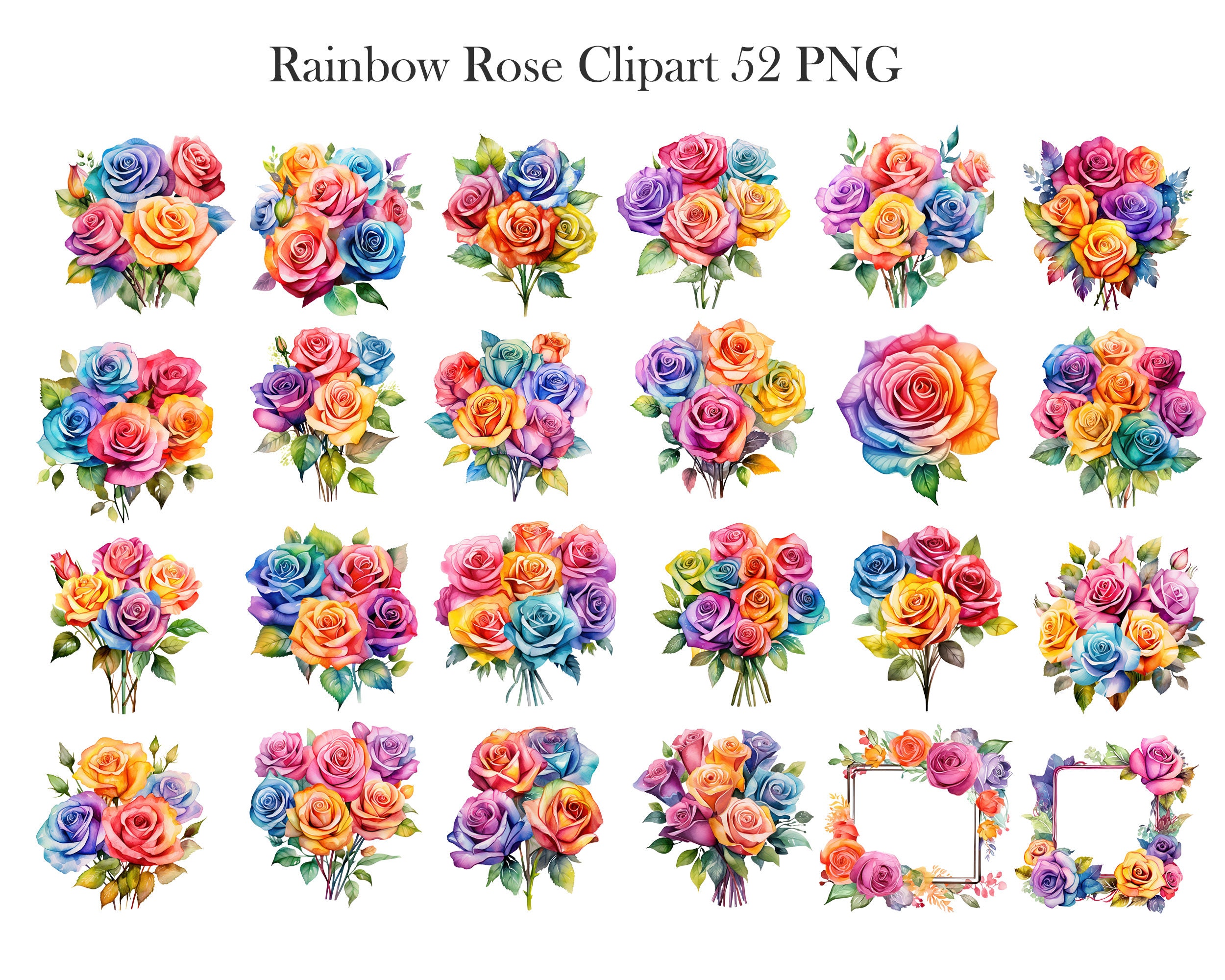 Rainbow Rose PNG, Watercolor Rose Clipart Bundle, Flower Bouquet PNG ...