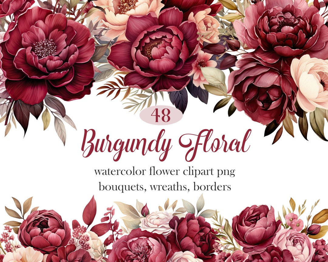 Burgundy Flower Clipart, Watercolor Burgundy Floral PNG, Wedding Flower ...