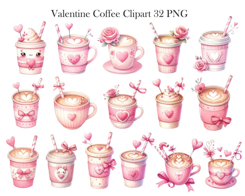 Valentine Coffee Clipart, Watercolor Valentine Coffee PNG Bundle ...