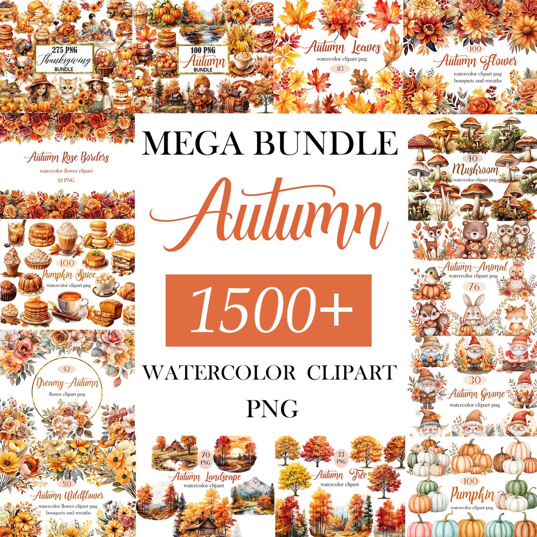 Autumn Clipart Bundle, Watercolor Fall PNG, Autumn Flower, Fall ...