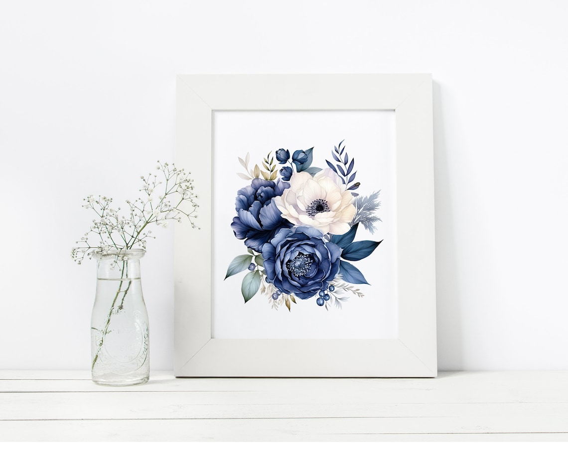 Navy Blue Flower Clipart, Watercolor Blue Floral PNG, Wedding Flower ...