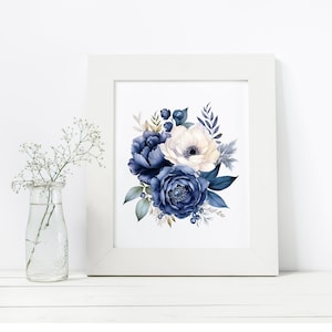 Navy Blue Flower Clipart, Watercolor Blue Floral PNG, Wedding Flower ...