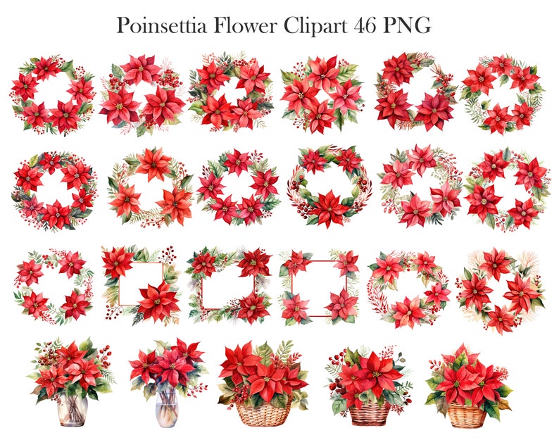 Poinsettia Clipart, Christmas Flower Clipart, Watercolor Poinsettia PNG ...