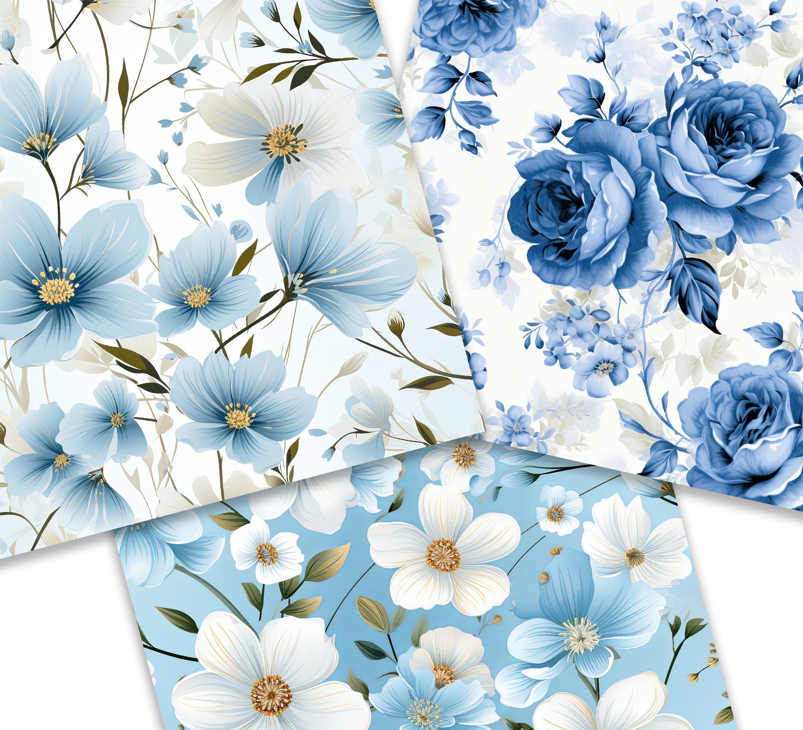 Blue Flower Digital Paper, Watercolor Floral Background, Scrapbook ...