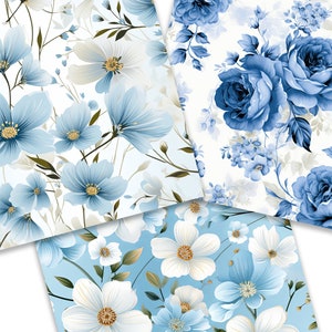 Blue Flower Digital Paper, Watercolor Floral Background, Scrapbook ...