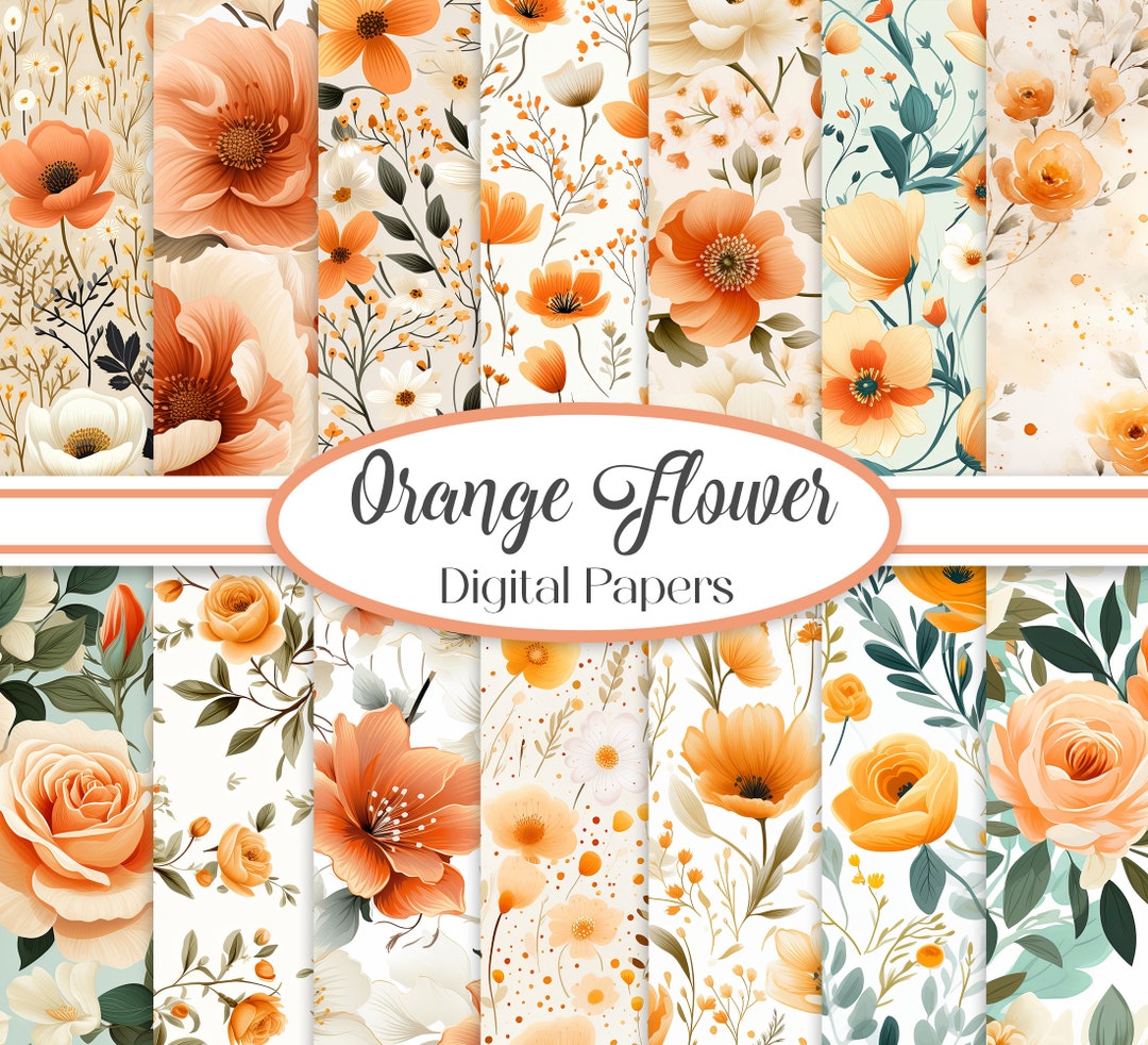 Orange Flower Digital Paper, Watercolor Floral Background, Scrapbook ...
