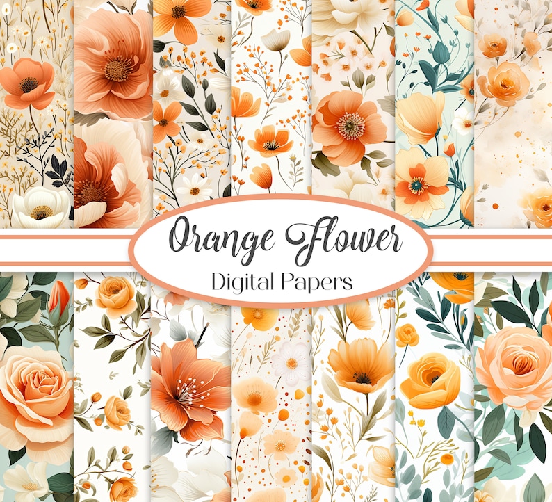 Orange Flower Digital Paper, Watercolor Floral Background, Scrapbook ...