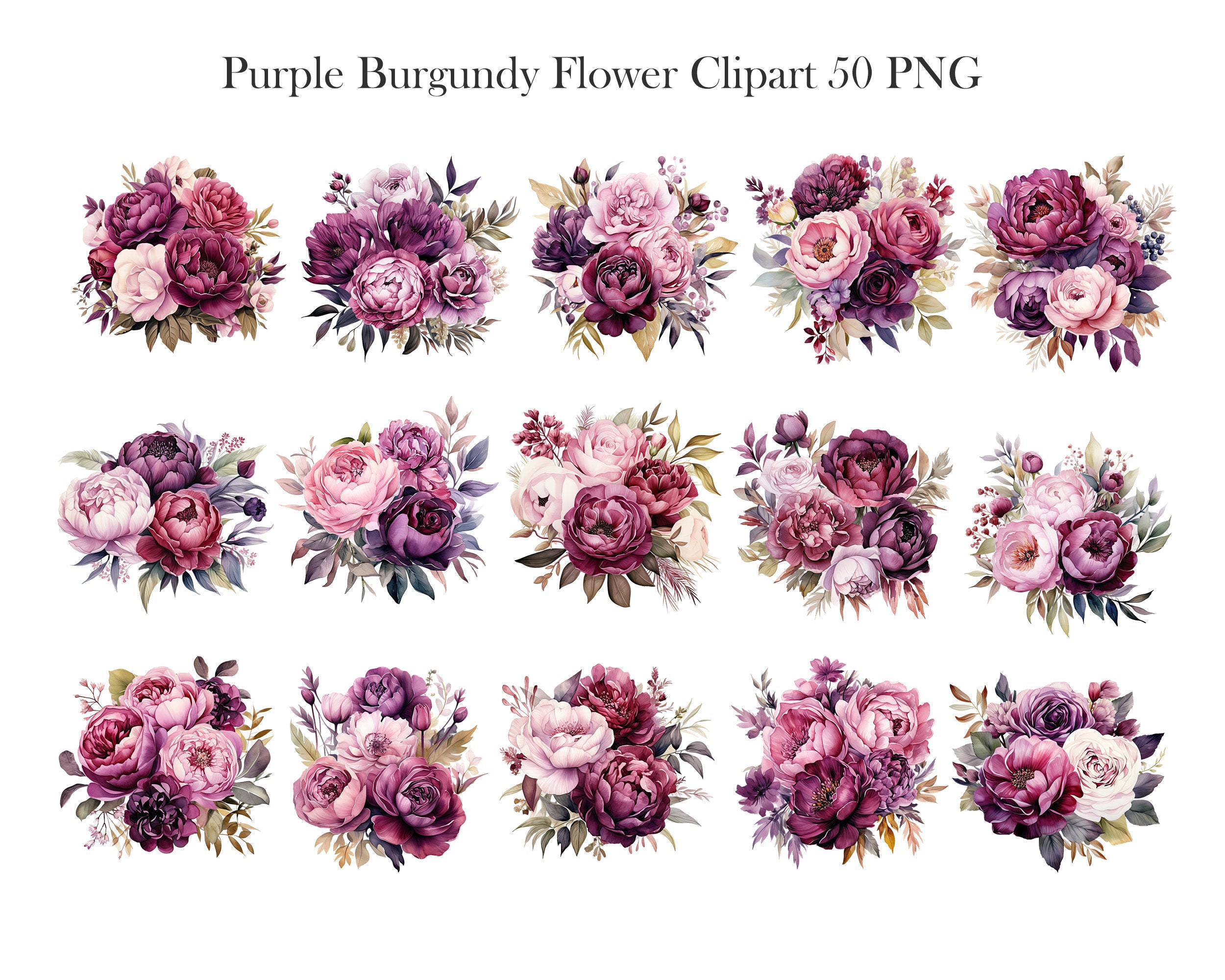 Purple Burgundy Flower Clipart, Watercolor Floral PNG, Wedding Flower ...