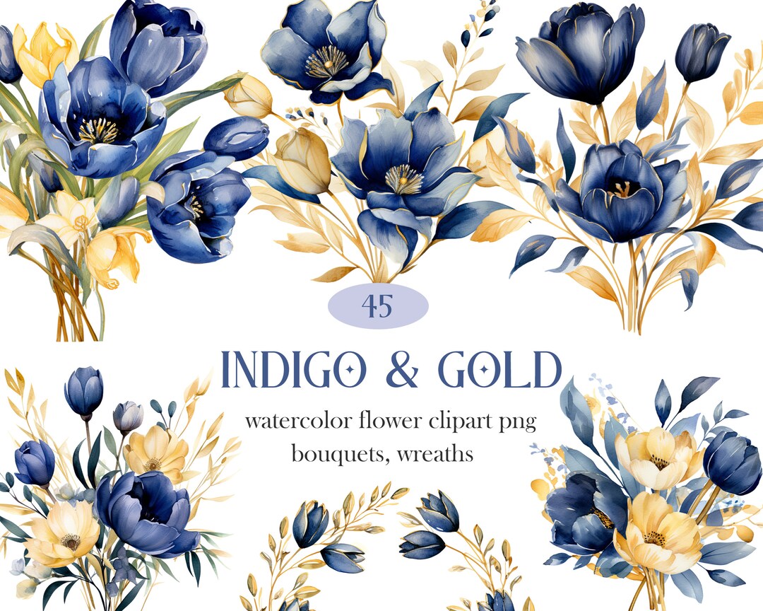 Indigo Gold Flower PNG, Watercolor Blue Floral Clipart Bundle, Wedding ...