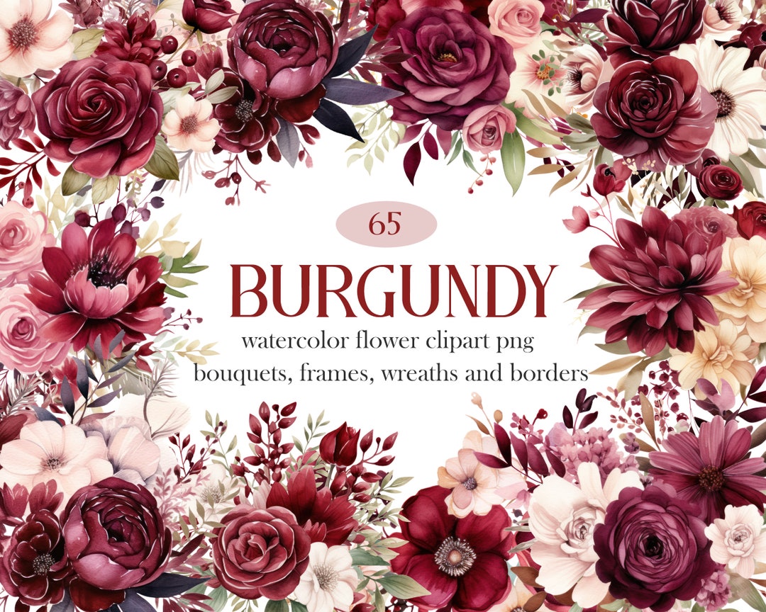 Burgundy Flower PNG, Watercolor Burgundy Floral Clipart Bundle, Wedding ...