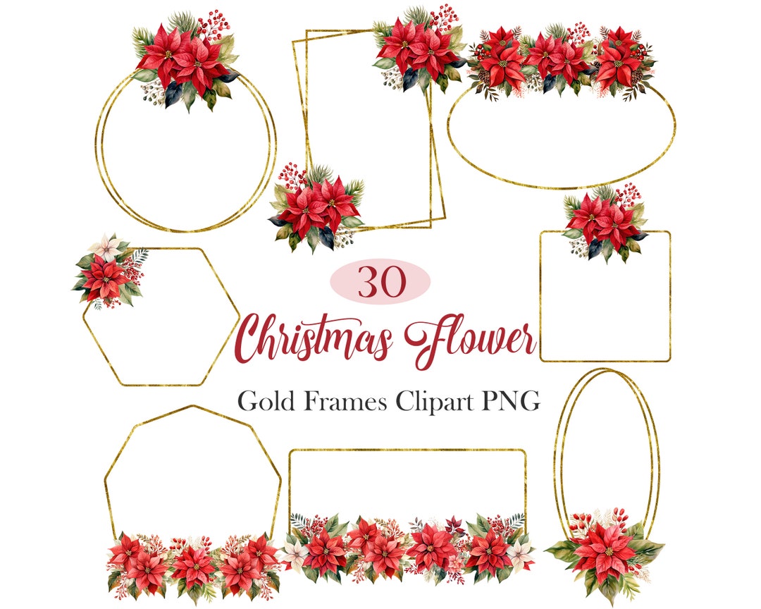 Christmas Flower Frame PNG, Watercolor Christmas Gold Frame Clipart ...