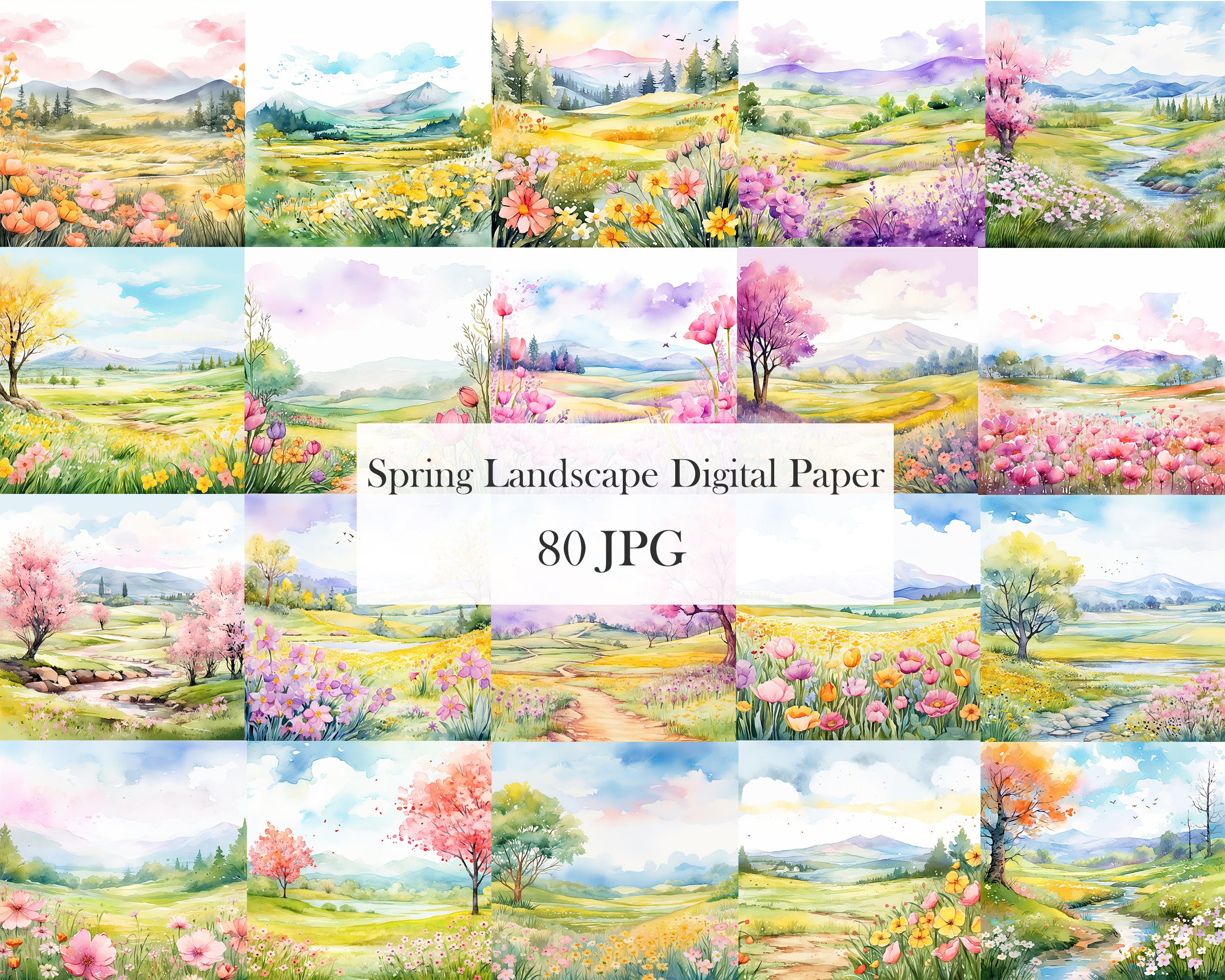 Spring Landscape Digital Paper, Watercolor Spring Scene Background ...