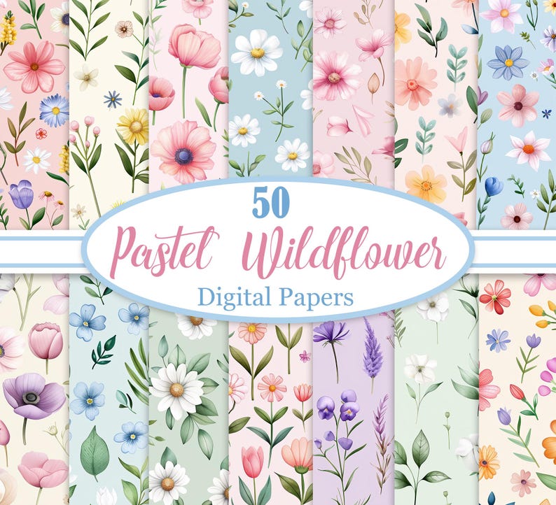 Pastel Wildflower Digital Paper, Flower Background Bundle, Scrapbook ...