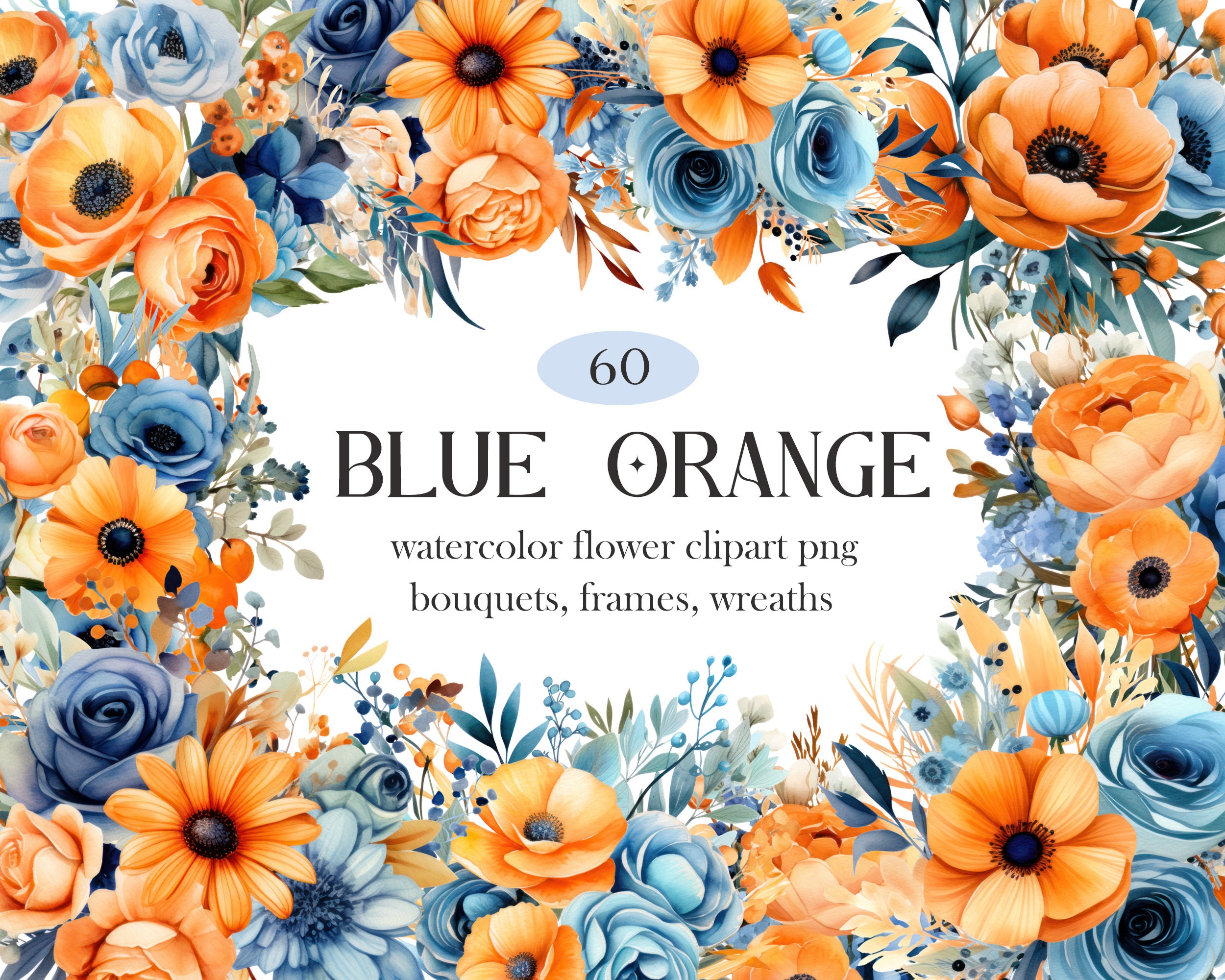 Blue Orange Flower PNG, Watercolor Blue Floral Clipart Bundle, Wedding ...