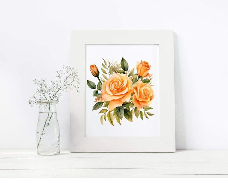 Orange Rose PNG, Watercolor Orange Rose Clipart Bundle, Wedding Bouquet ...