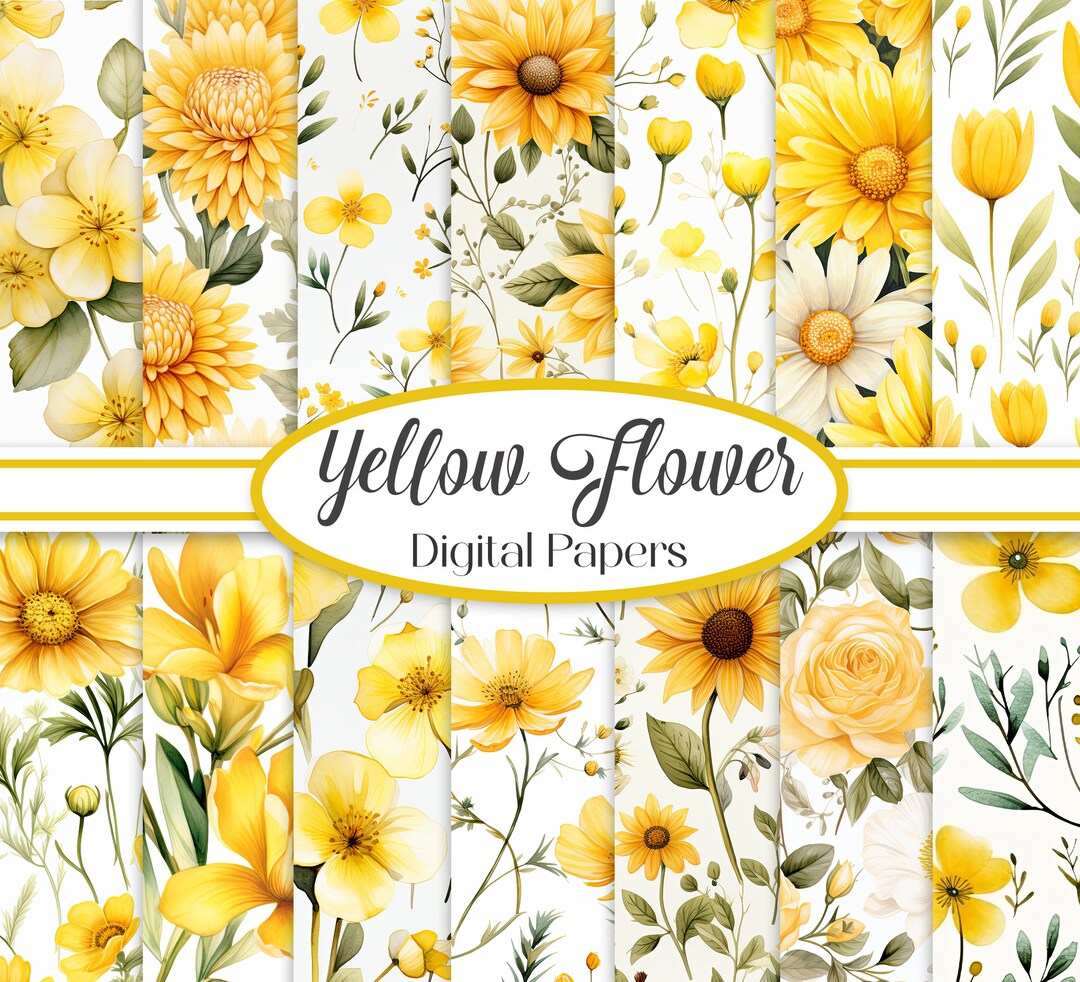 Yellow Flower Digital Paper, Flower Seamless Pattern, Watercolor Floral ...