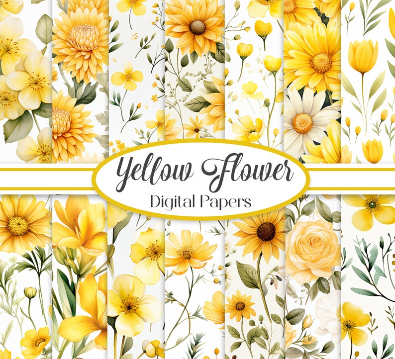 Yellow Flower Digital Paper, Flower Seamless Pattern, Watercolor Floral ...
