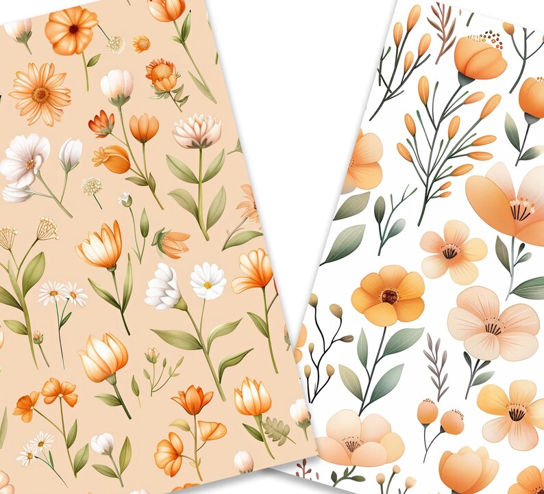 Orange Flower Digital Paper, Watercolor Orange Floral Background ...
