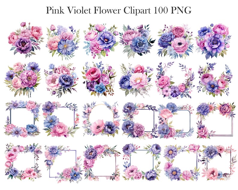 Pink Violet Flower PNG, Watercolor Floral Clipart Bundle, Wedding ...